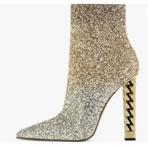 FSJ | Shoes | Fsj Women Trendy Pointed Toe Ankle Boot Block Chunky Gold ...
